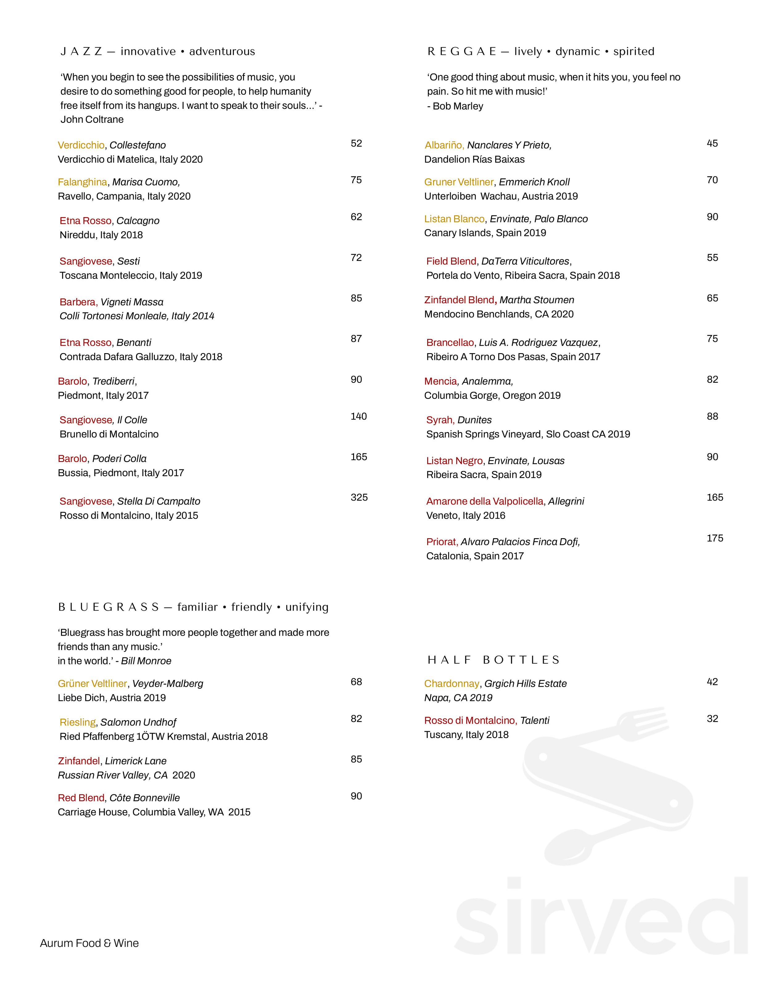 Aurum Food & Wine Aspen Snowmass menu in Snowmass Village, Colorado, USA