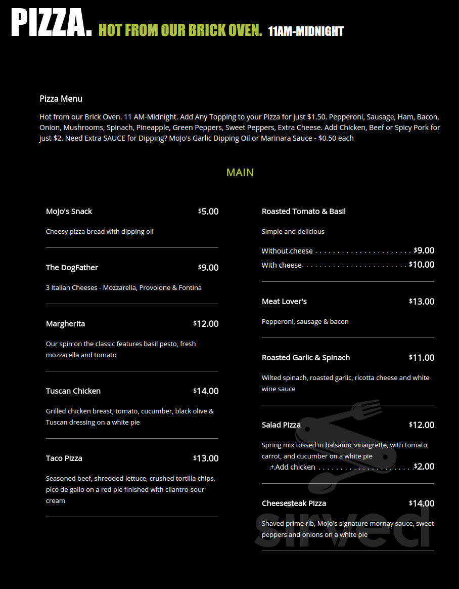 Menu - Salisbury MD's MoJo's Urban Eatery | Sirved