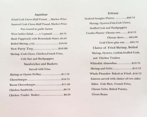 The Mariner Restaurant menu in Mobile, Alabama, USA