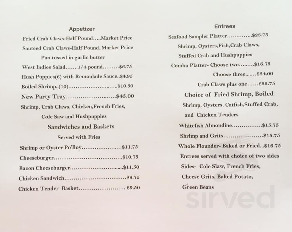 The Mariner Restaurant menu in Mobile, Alabama, USA