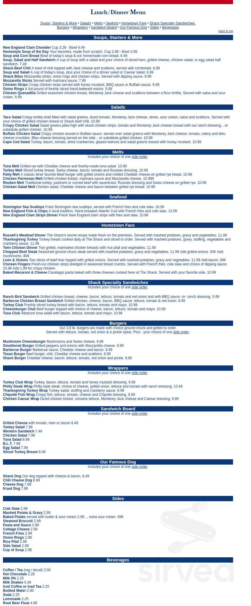 Menu - East Lyme CT's The Shack | Sirved