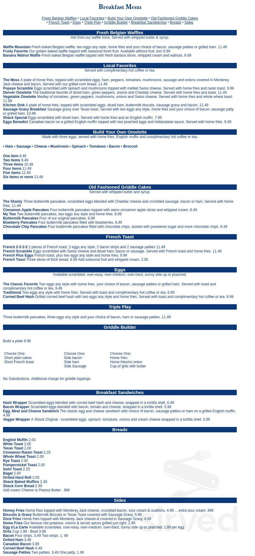 The Shack menu in East Lyme, Connecticut, USA