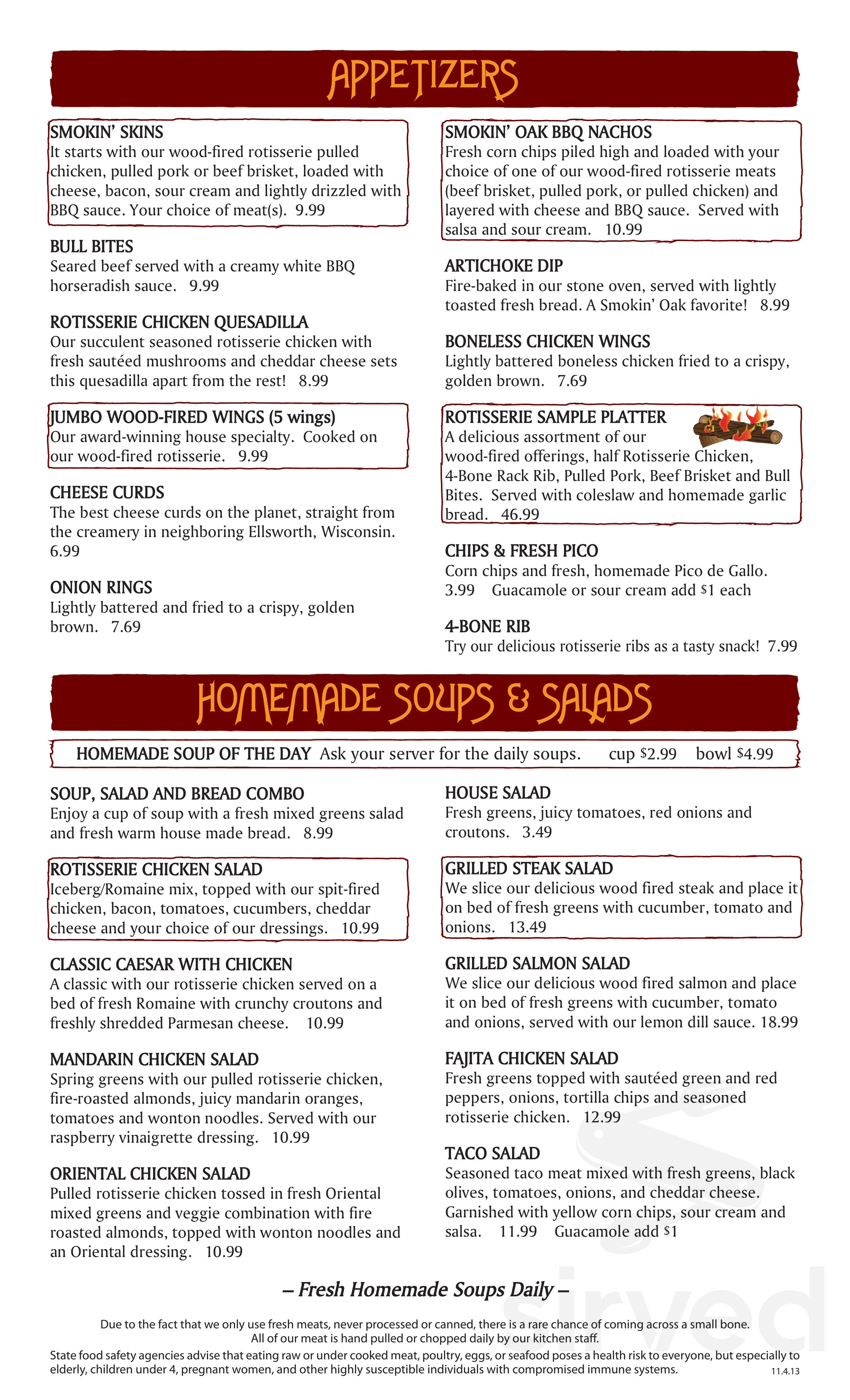 The Smokin' Oak Rotisserie & Grill menu in Red Wing, Minnesota, USA