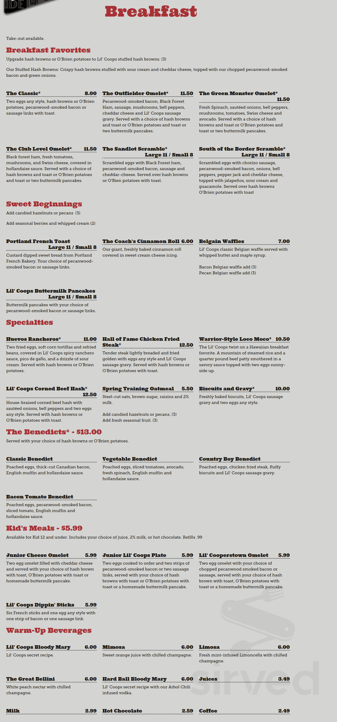Menu - West Linn OR's Lil' Cooperstown Bar & Grill | Sirved