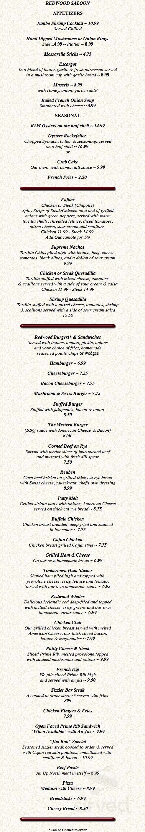 Redwood Steak House menu in Lewiston, Michigan, USA