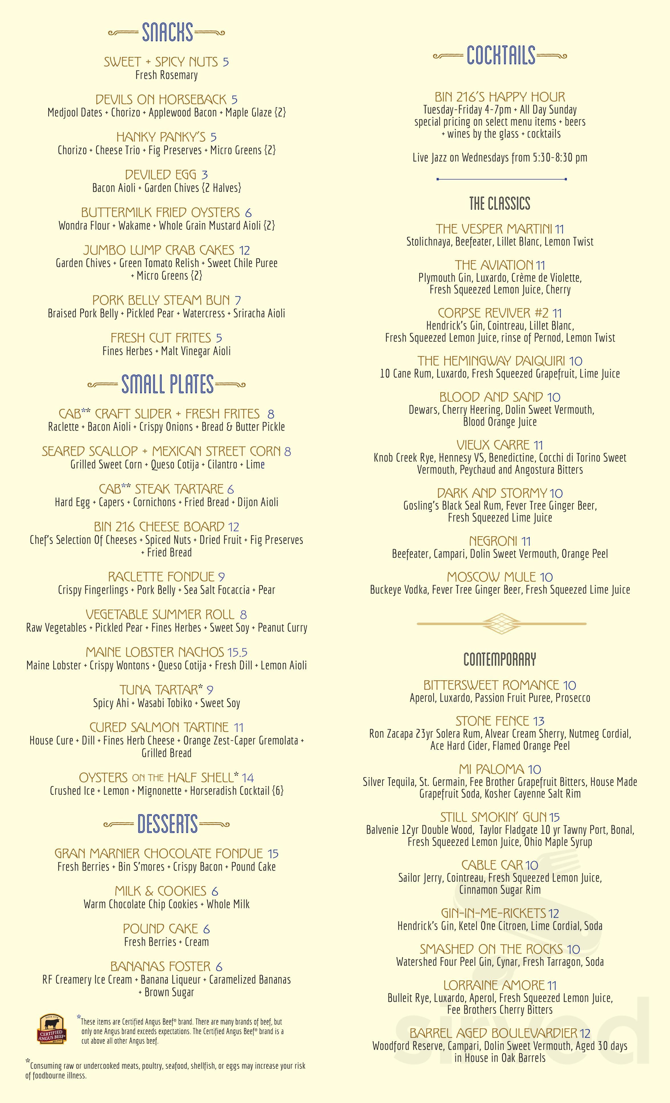 Bin 216 menu in Cleveland, Ohio, USA