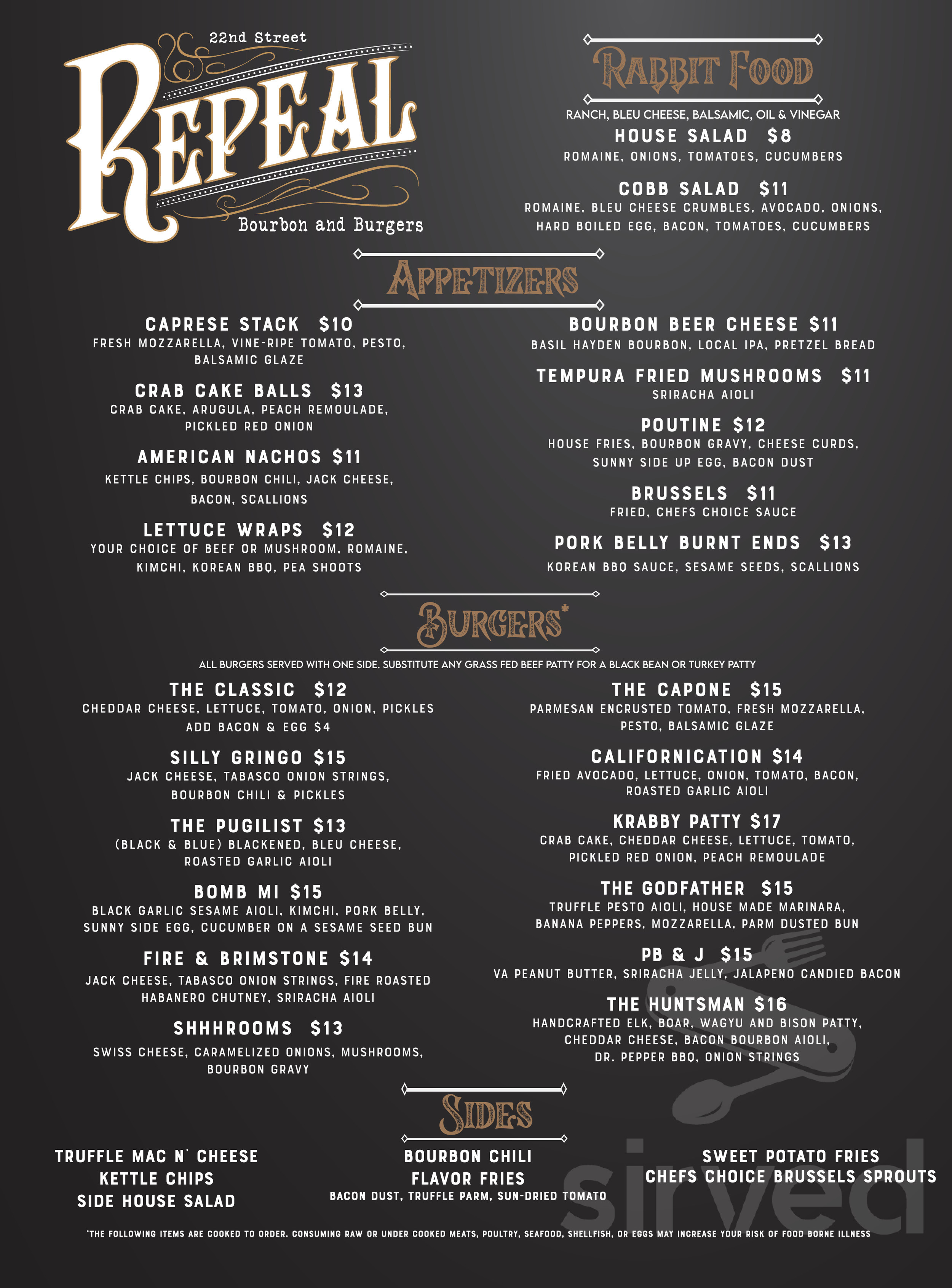 Repeal Bourbon & Burgers menu in Virginia Beach, Virginia, USA