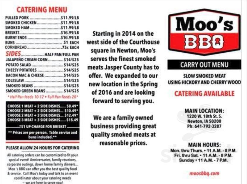 Moo's BBQ menu in Newton, Iowa, USA