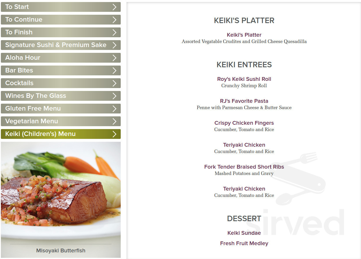 Roy's Restaurant menu in Anaheim, California, USA