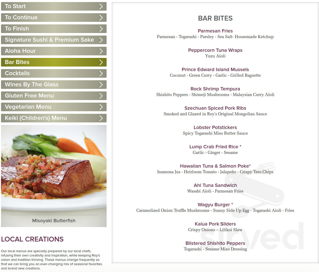 Roy's Restaurant menu in Anaheim, California, USA