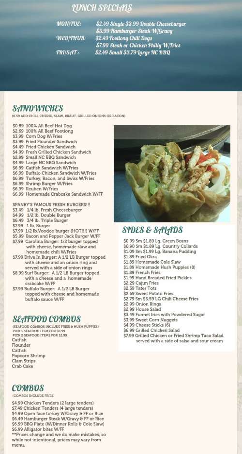 Spanky's Grille menu in Kitty Hawk, North Carolina, USA
