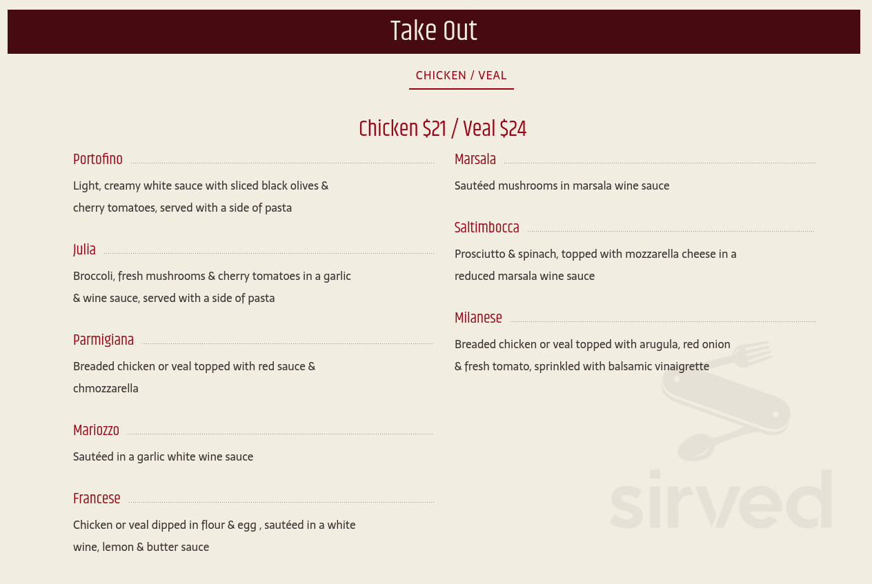 Portofino's Restaurant menu in Morristown, New Jersey, USA