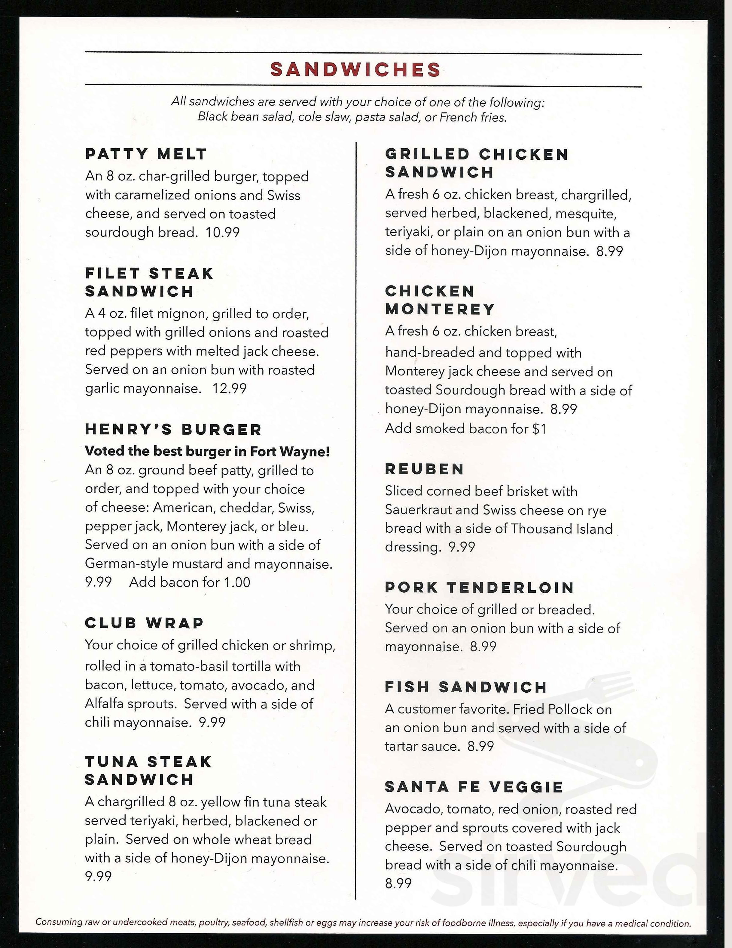 Henry's Restaurant menus in Fort Wayne, Indiana, United States