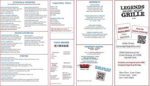 Legends Grille menu in Fredericksburg, Virginia, USA