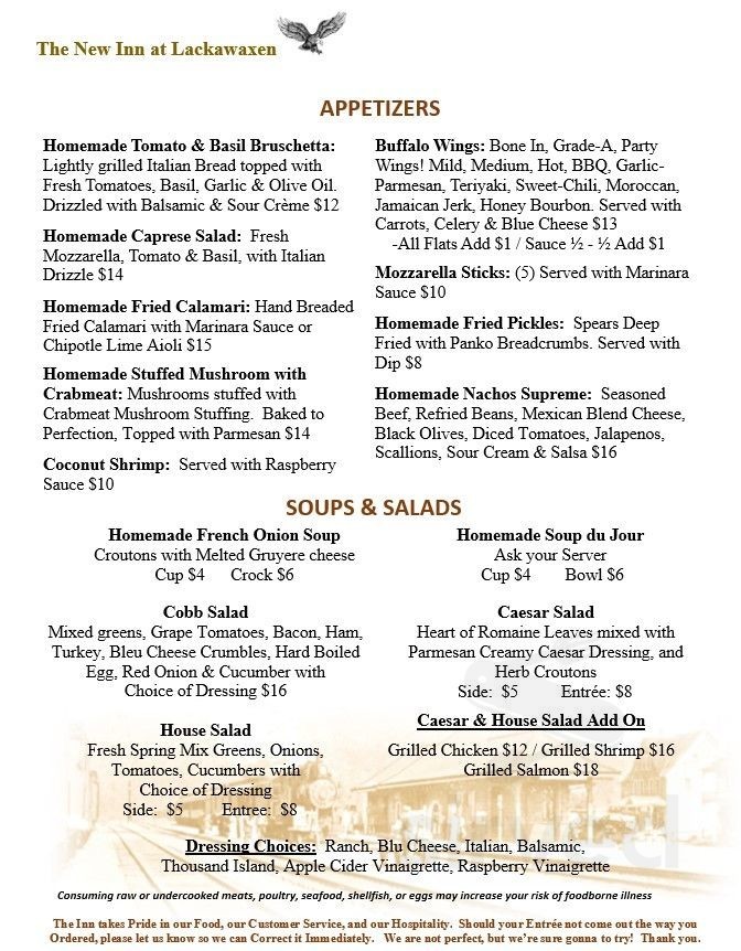 The New Inn at Lackawaxen menu in Lackawaxen, Pennsylvania, USA