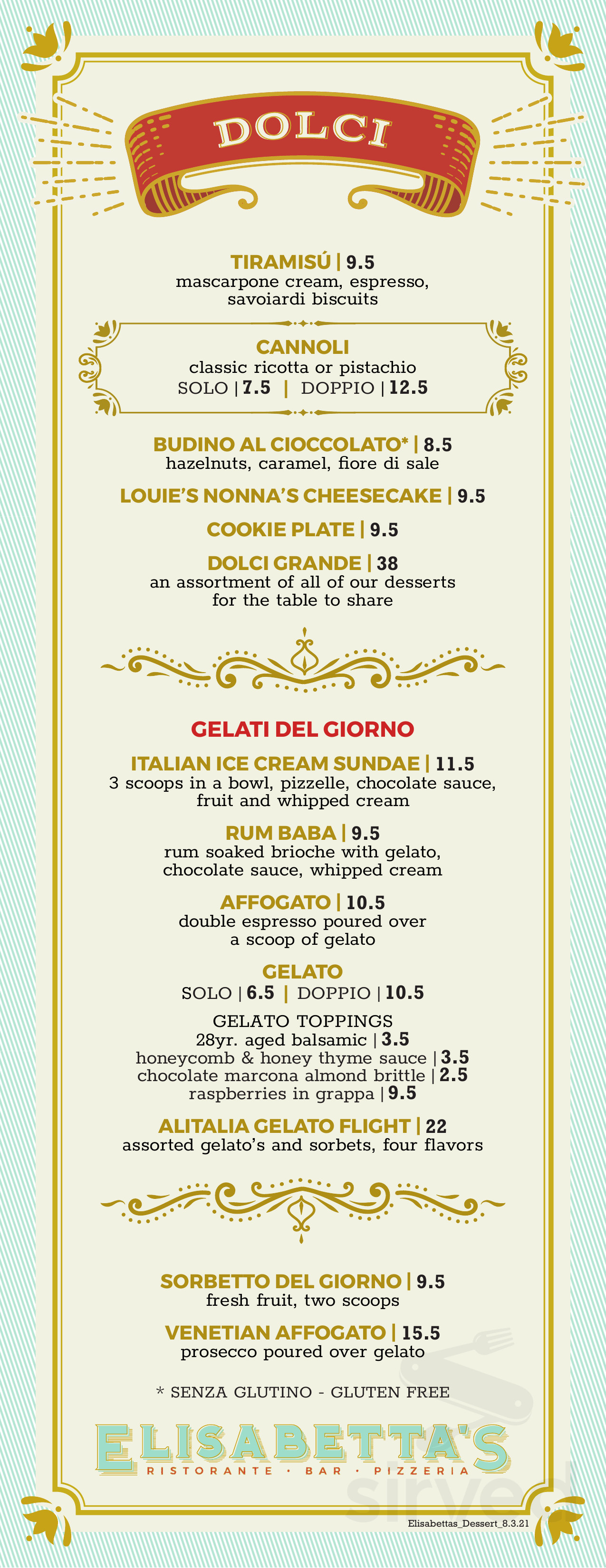 Elisabetta's Ristorante menu in West Palm Beach, Florida, USA