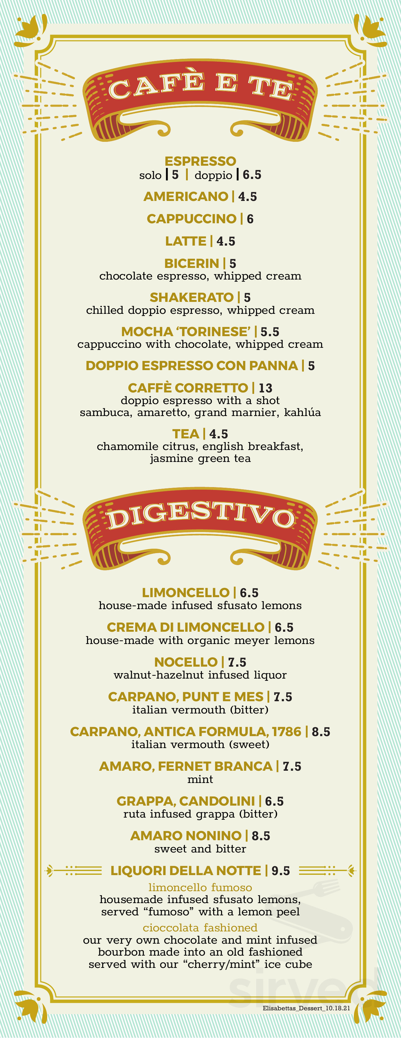 Elisabetta's Ristorante menu in West Palm Beach, Florida, USA