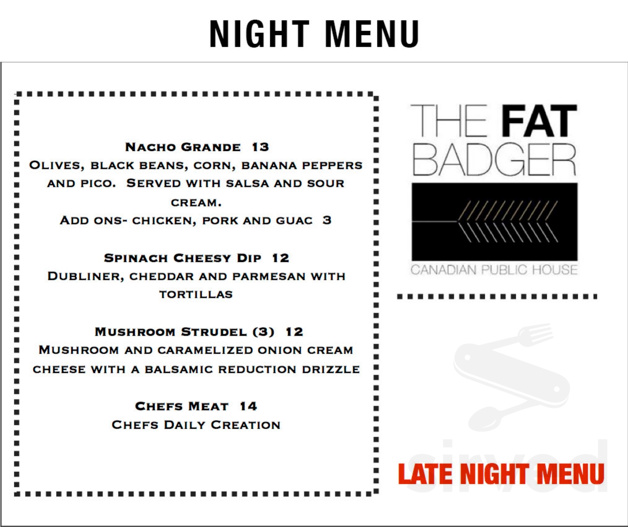 The Fat Badger menu in Regina, Saskatchewan, Canada
