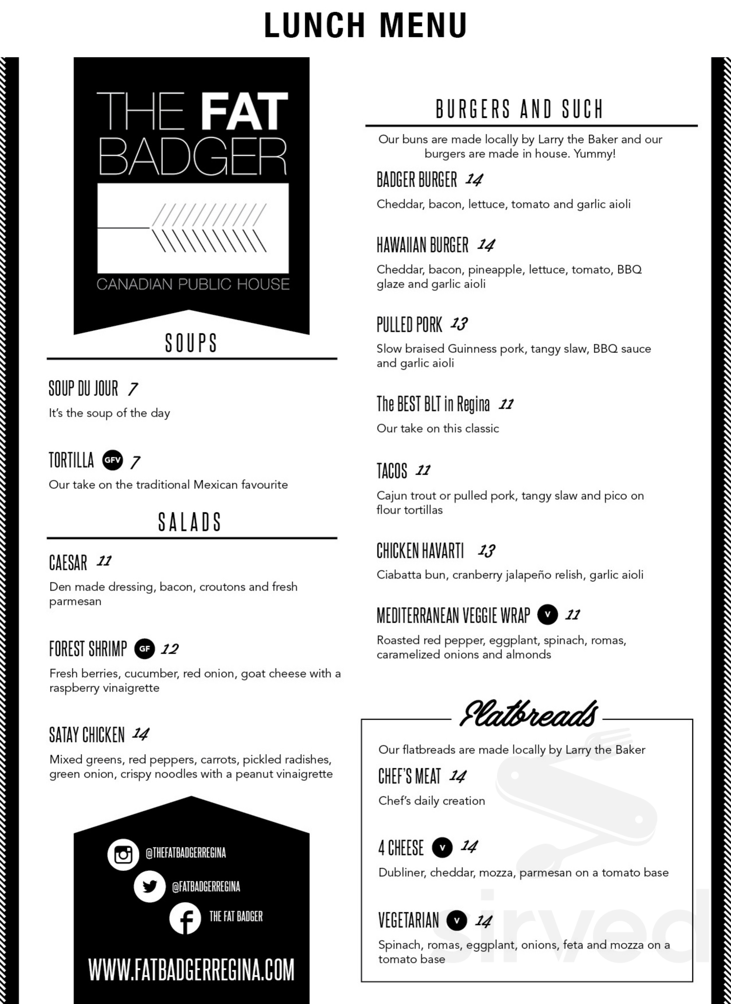Menu - Regina SK's The Fat Badger | Sirved