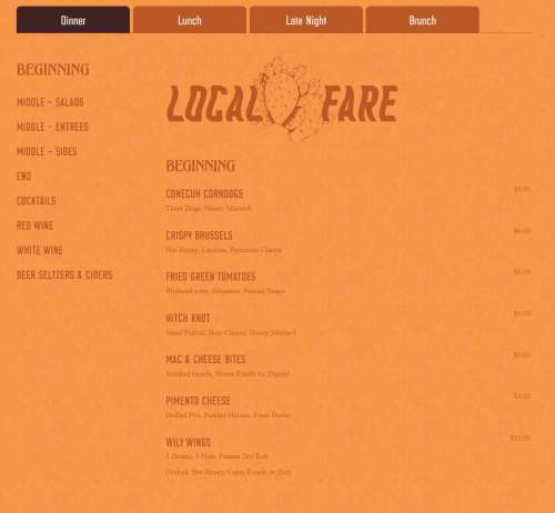 The Fennec menu in Birmingham, Alabama, USA