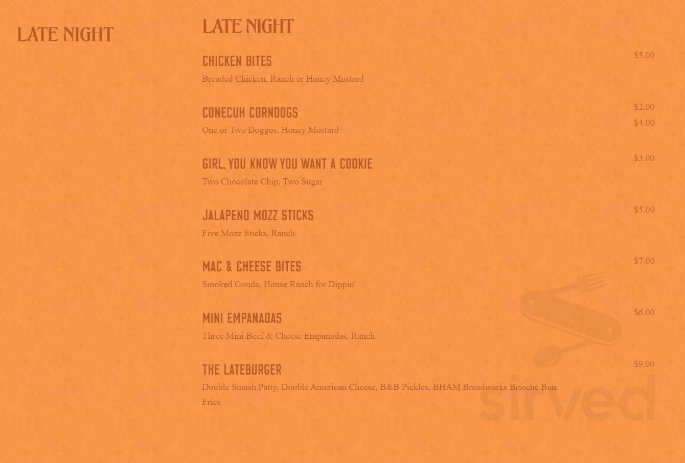 The Fennec menu in Birmingham, Alabama, USA