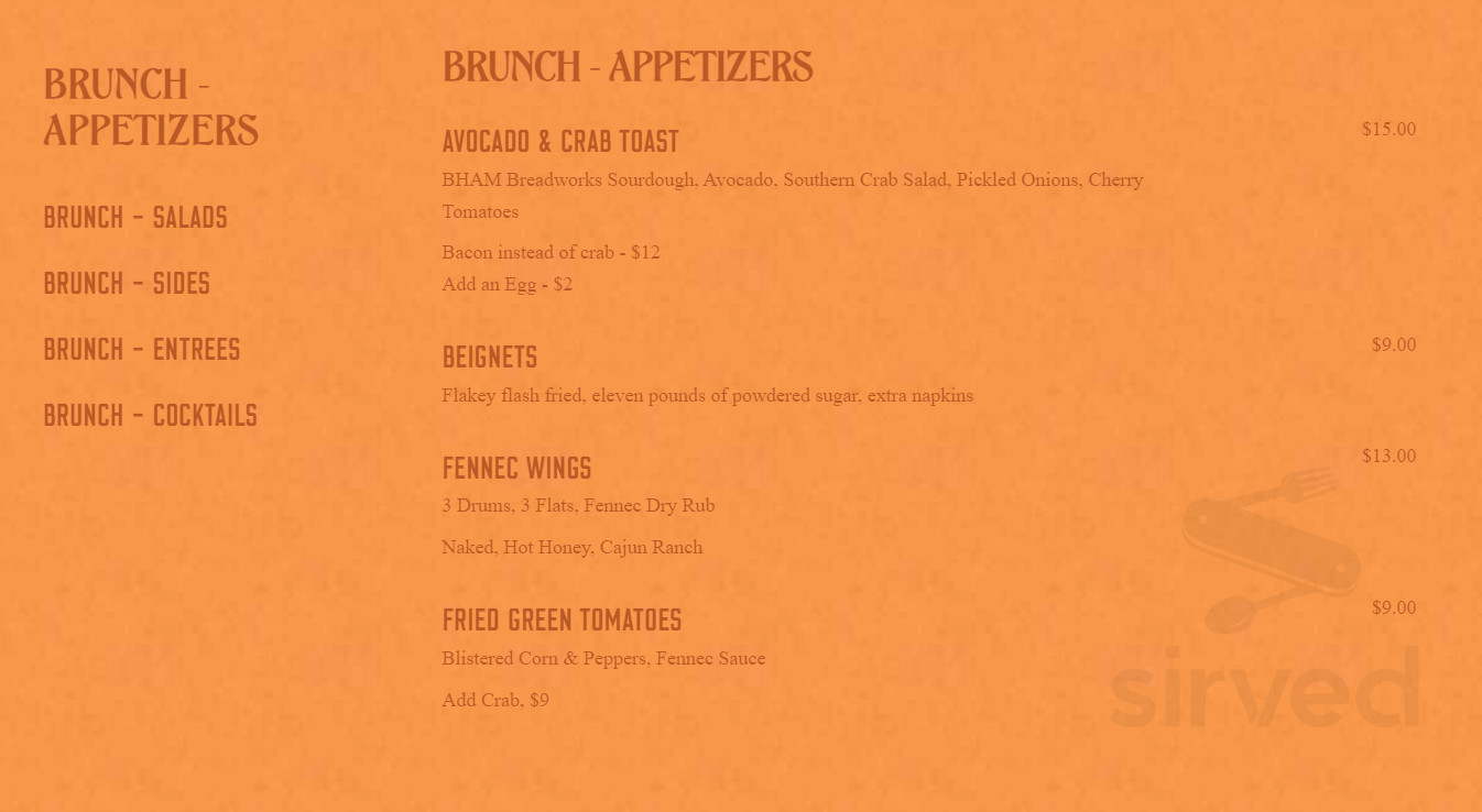 The Fennec menu in Birmingham, Alabama, USA