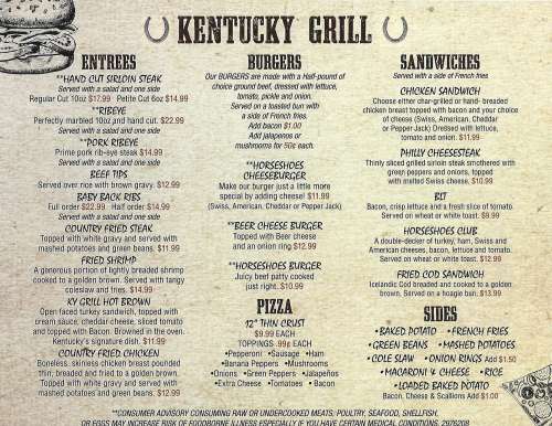 Kentucky Grill and Horseshoes Saloon menu in Lexington, Kentucky, USA