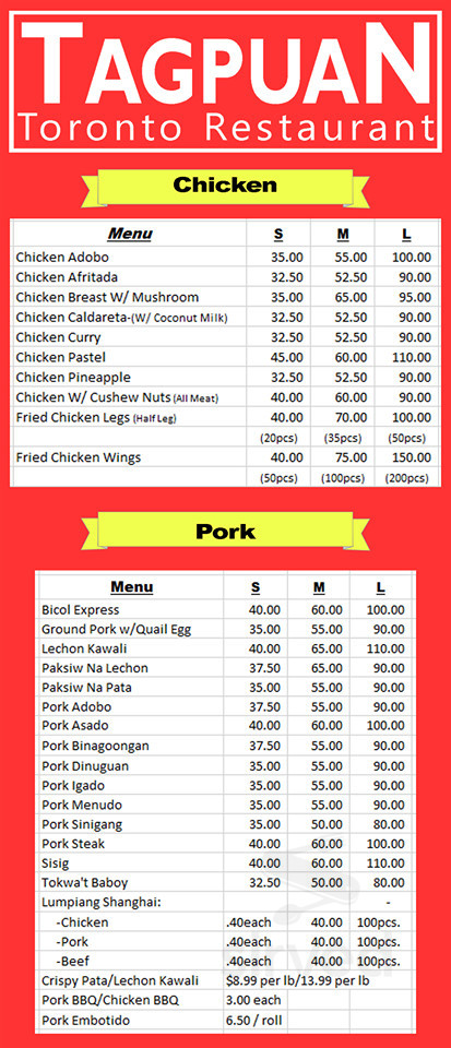 Tagpuan menu in Scarborough, Ontario, Canada