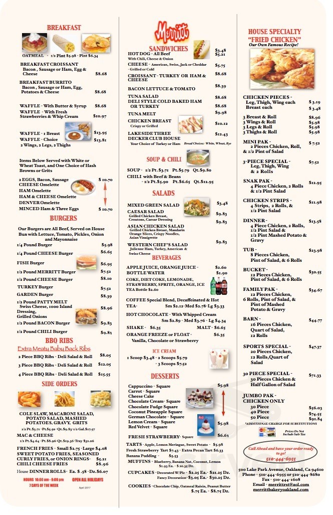 Merritt Restaurant & Bakery menu in Oakland, California, USA