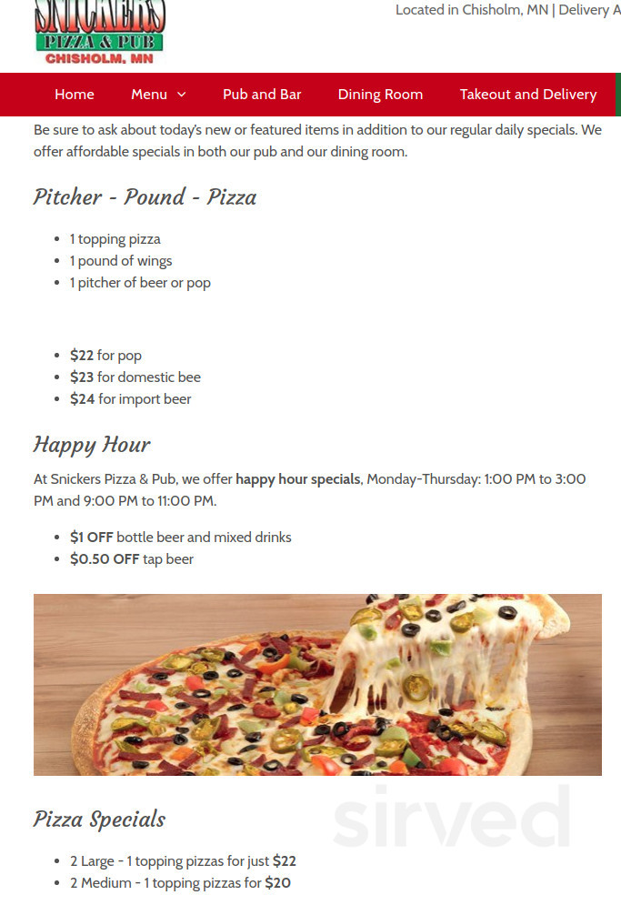 Snickers Pizza & Pub menu in Chisholm, Minnesota, USA