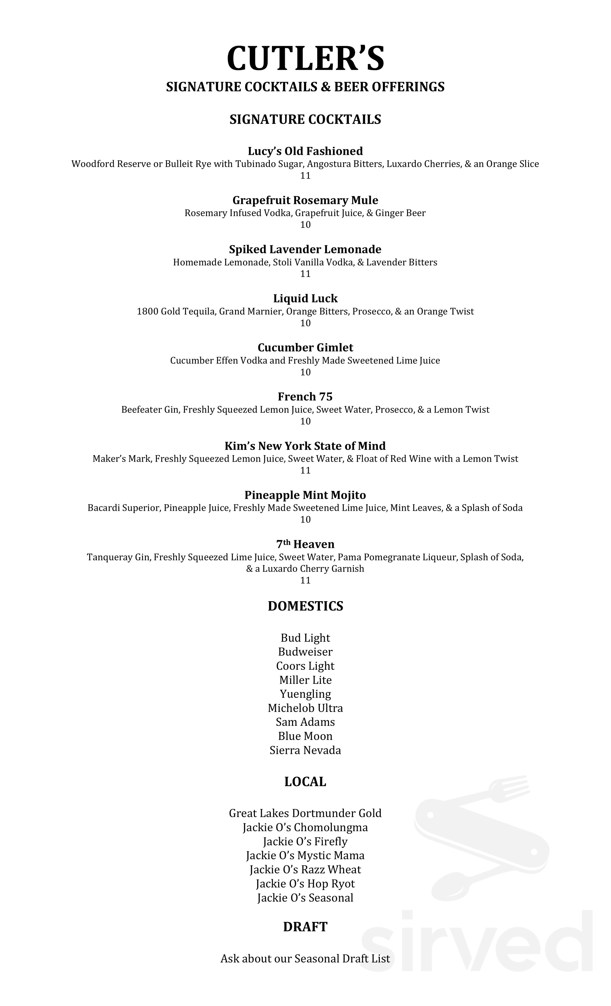 Cutler's Restaurant and Bunch of Grapes Tavern menu in Athens, Ohio, USA