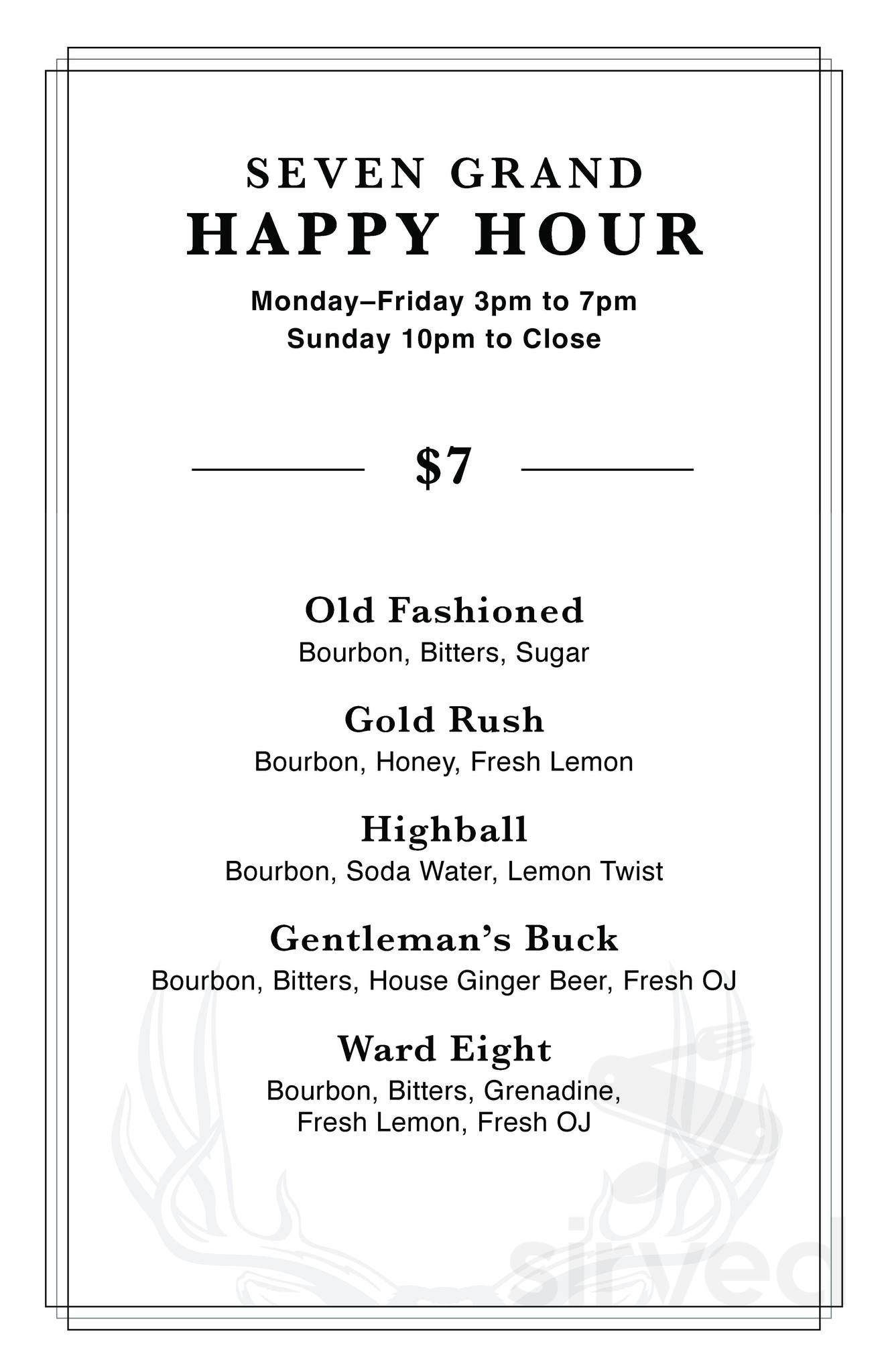 Seven Grand menu in Denver, Colorado, USA