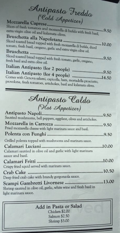 Napoli Italian Restaurant menu in Loma Linda, California, USA