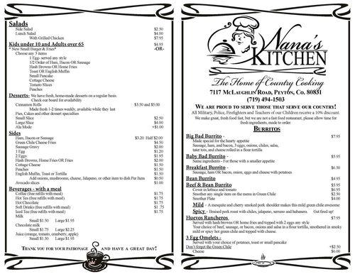 Nanas Kitchen menu in Peyton, Colorado, USA