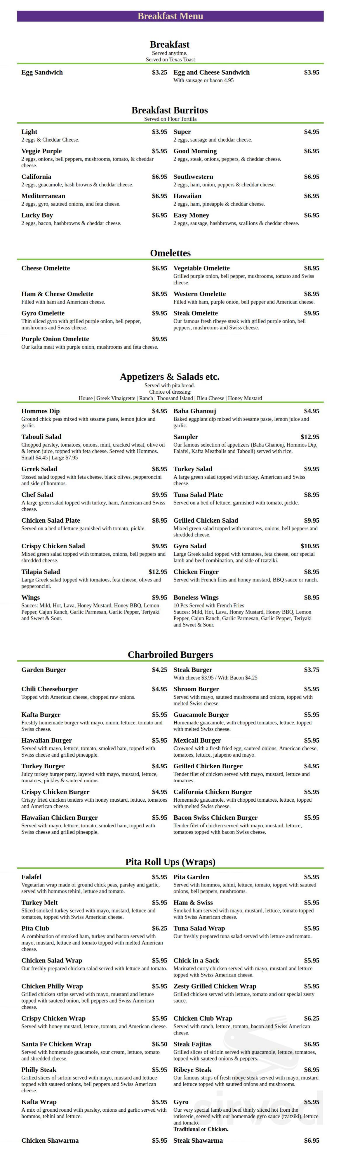 Menu for Purple Onion - Birmingham, AL | Sirved