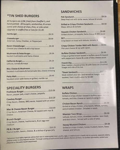 Tin Shed Cafe menu in Frederic, Wisconsin, USA