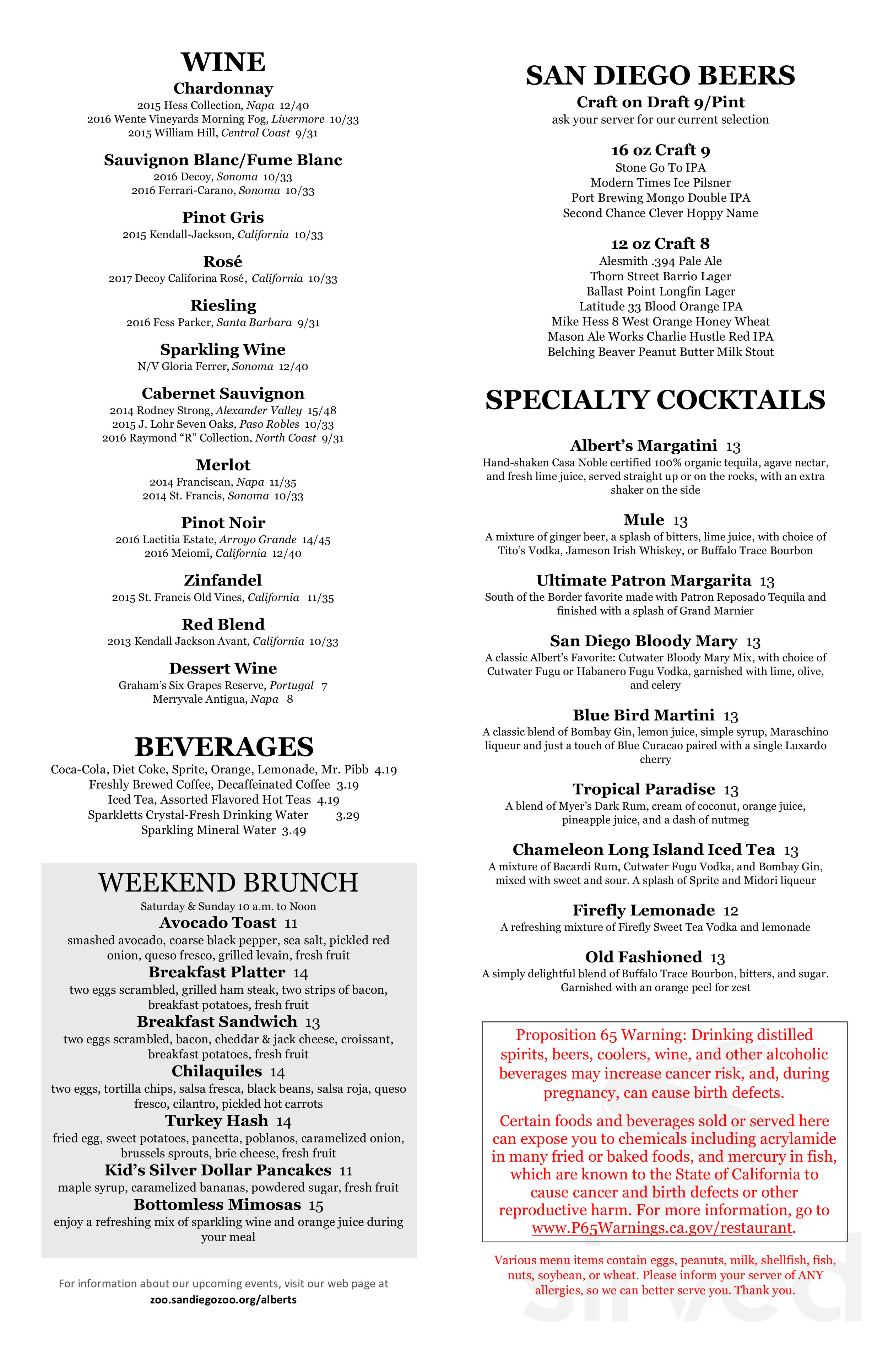 Albert's Restaurant menu in San Diego, California, USA