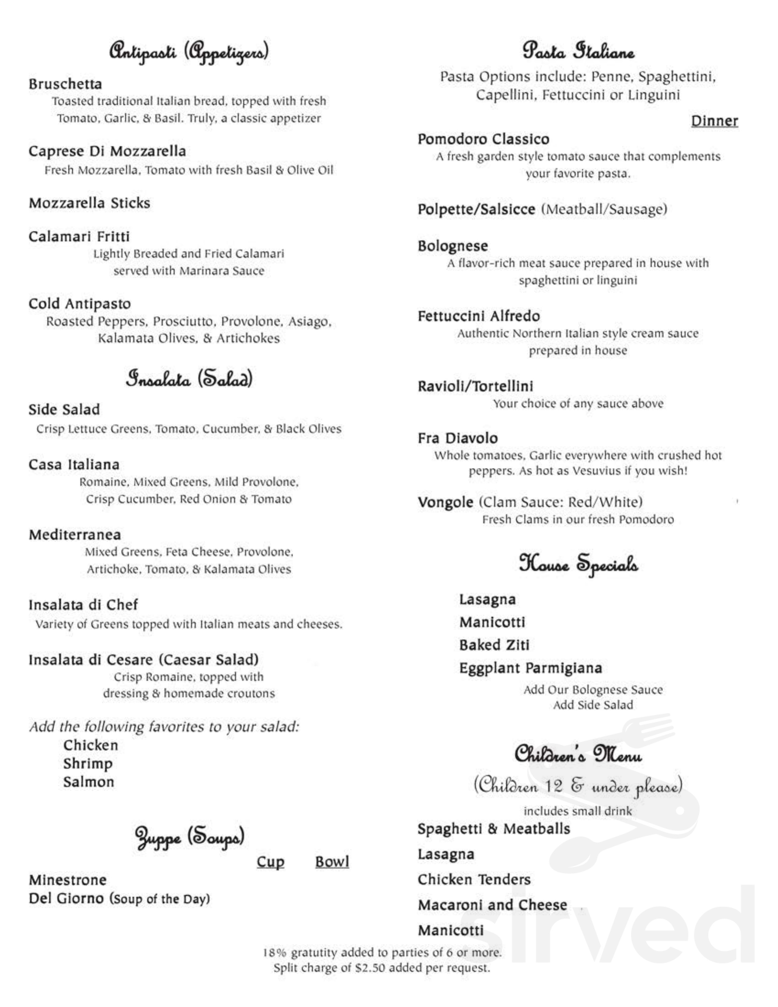 Fratelli menu in Fort Mill, South Carolina, USA