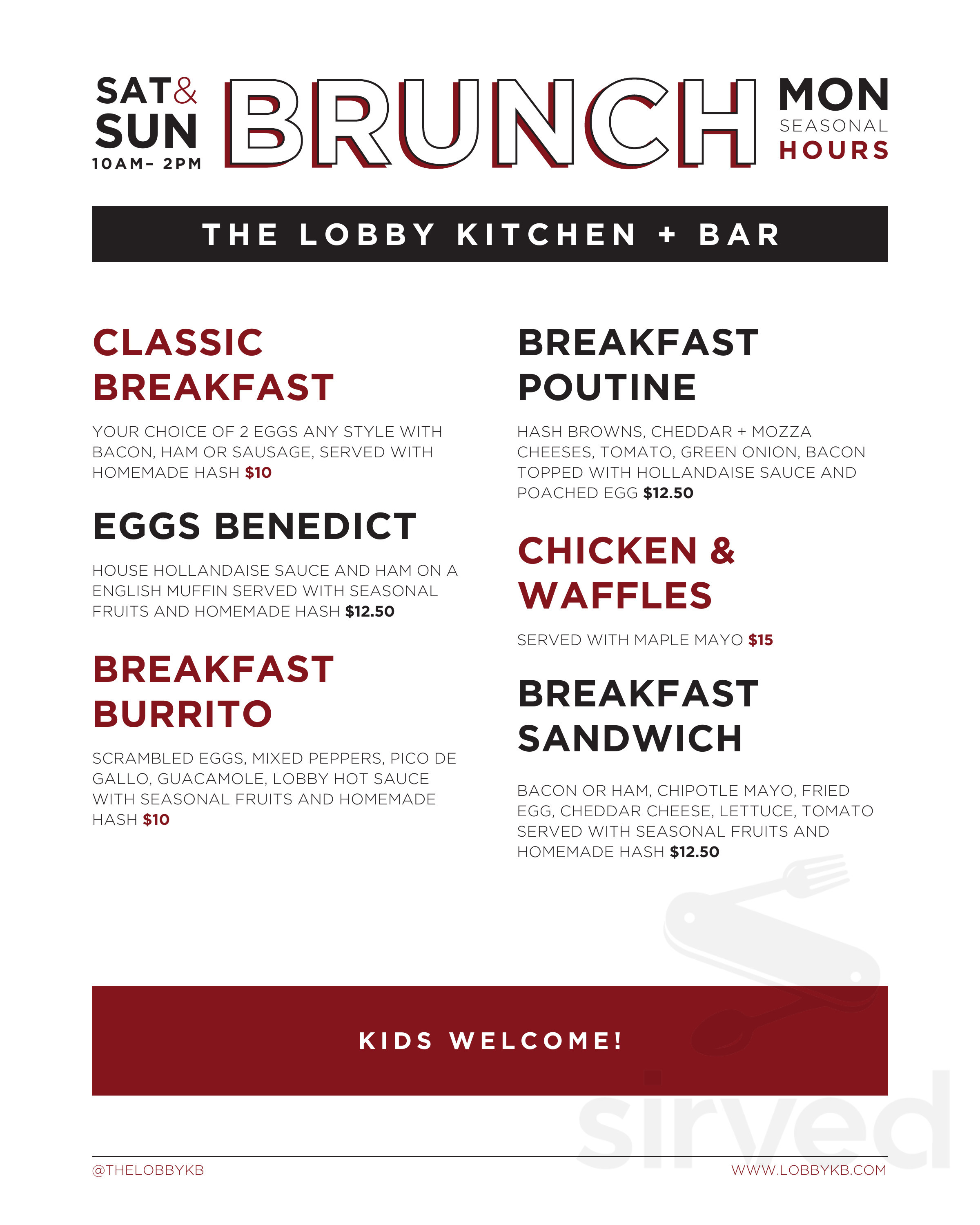 Menu - Regina SK's The Lobby Kitchen & Bar | Sirved