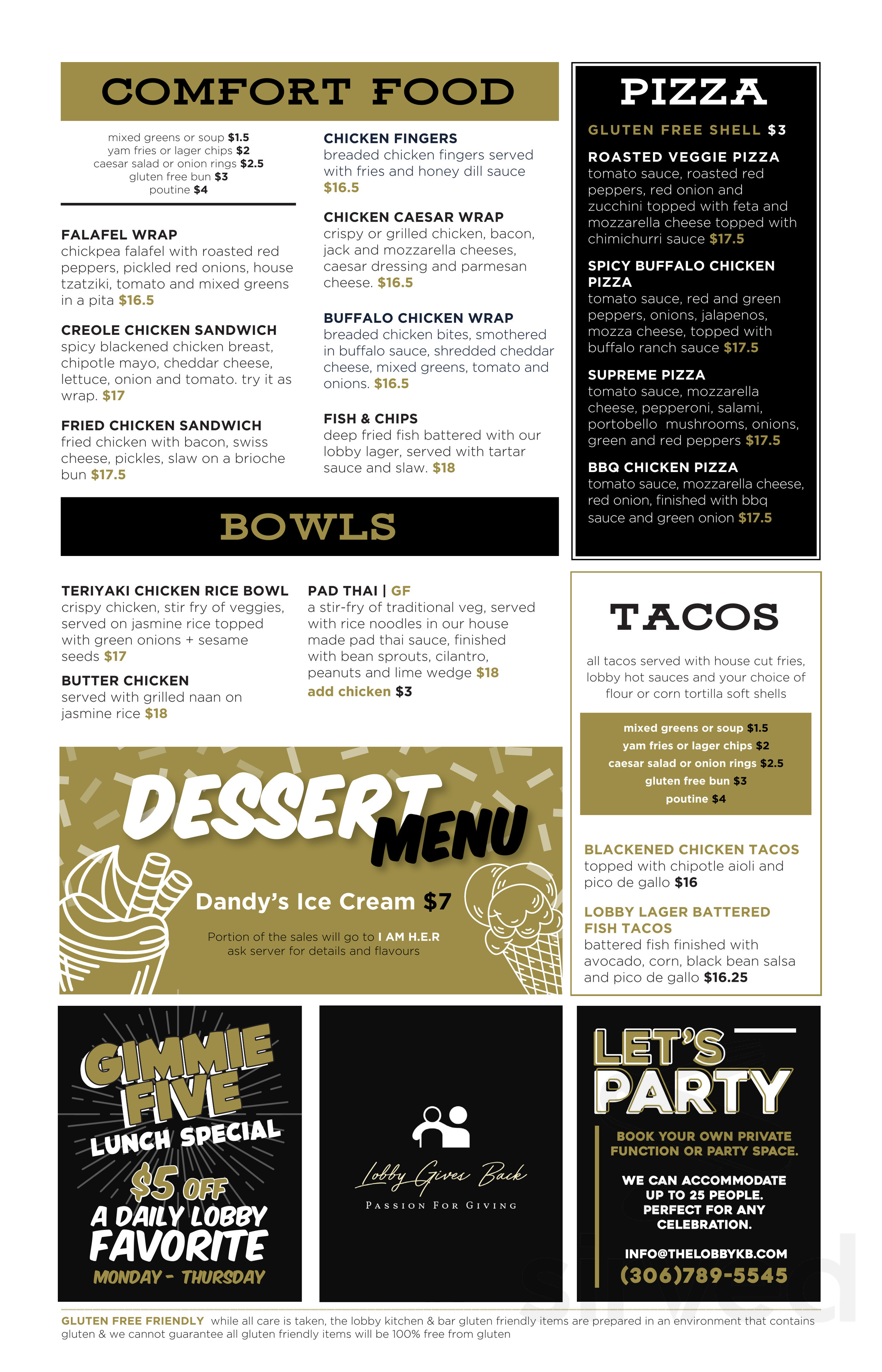 Menu - Regina SK's The Lobby Kitchen & Bar | Sirved