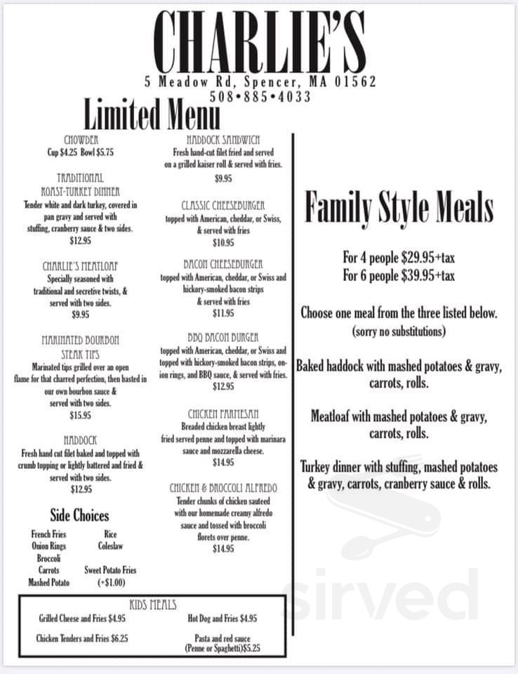 Charlies Diner menu in Spencer, Massachusetts, USA