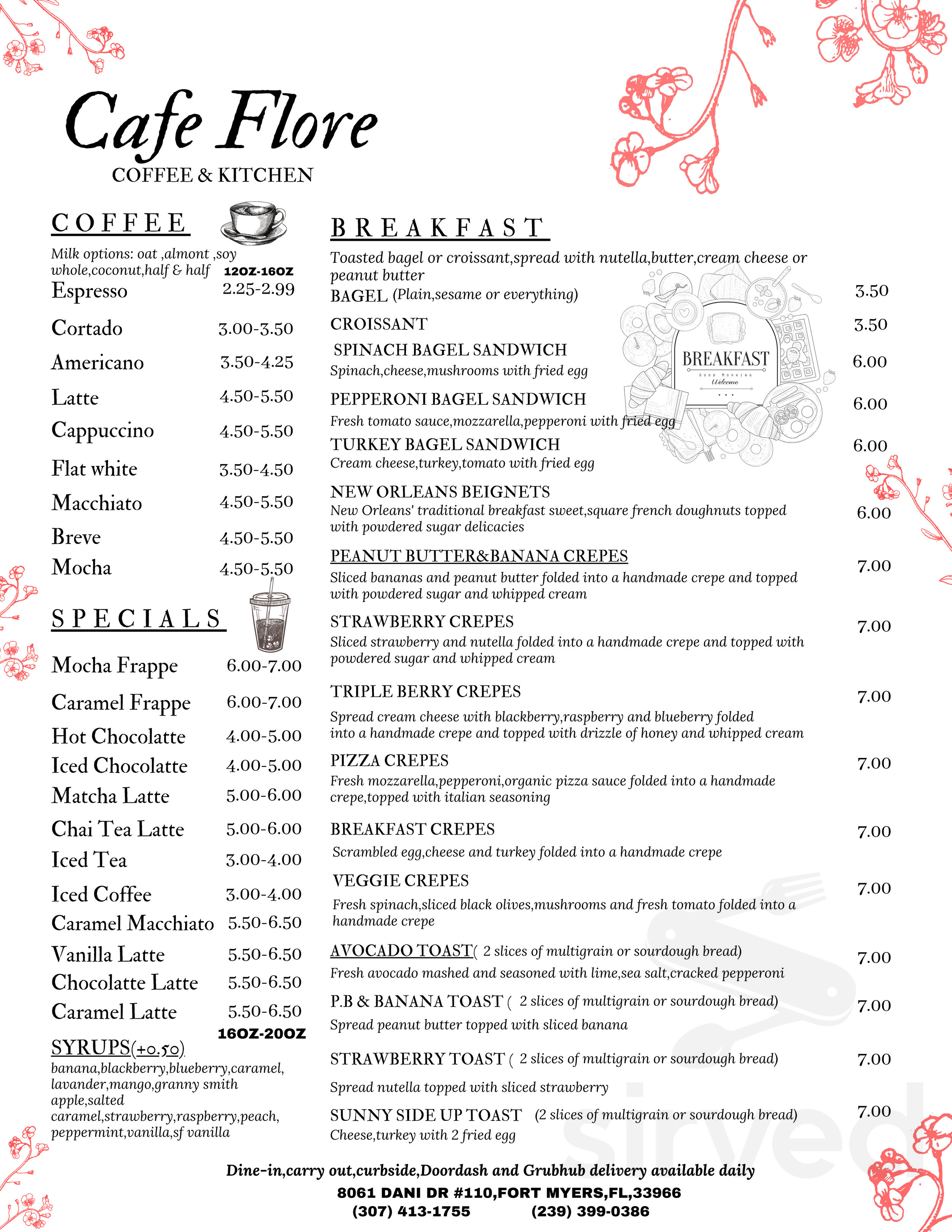 Cafe Flore menu in Fort Myers, Florida, USA