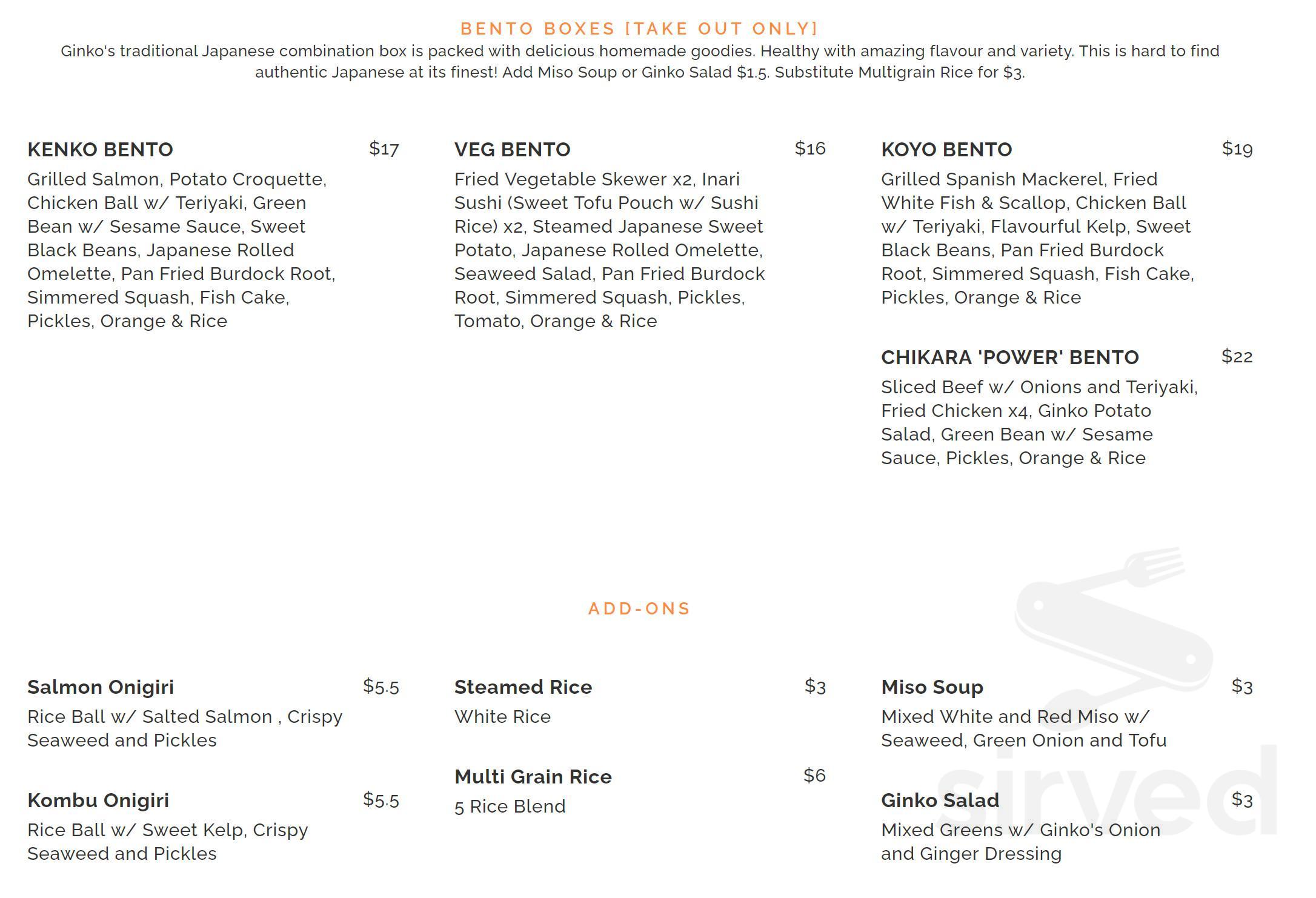 Ginko Japanese Restaurant menu in Etobicoke, Ontario, Canada