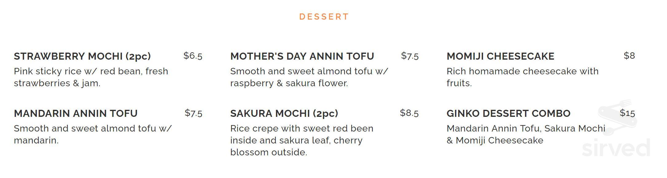 Ginko Japanese Restaurant menu in Etobicoke, Ontario, Canada