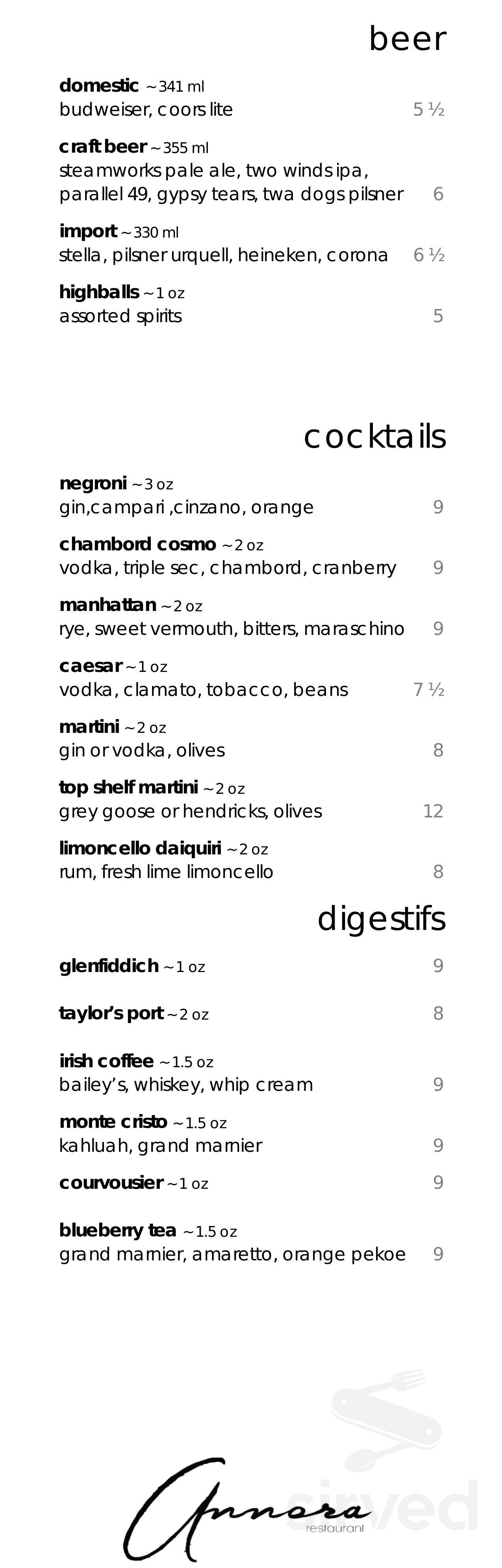 Annora Restaurant menus in Langley, British Columbia, Canada