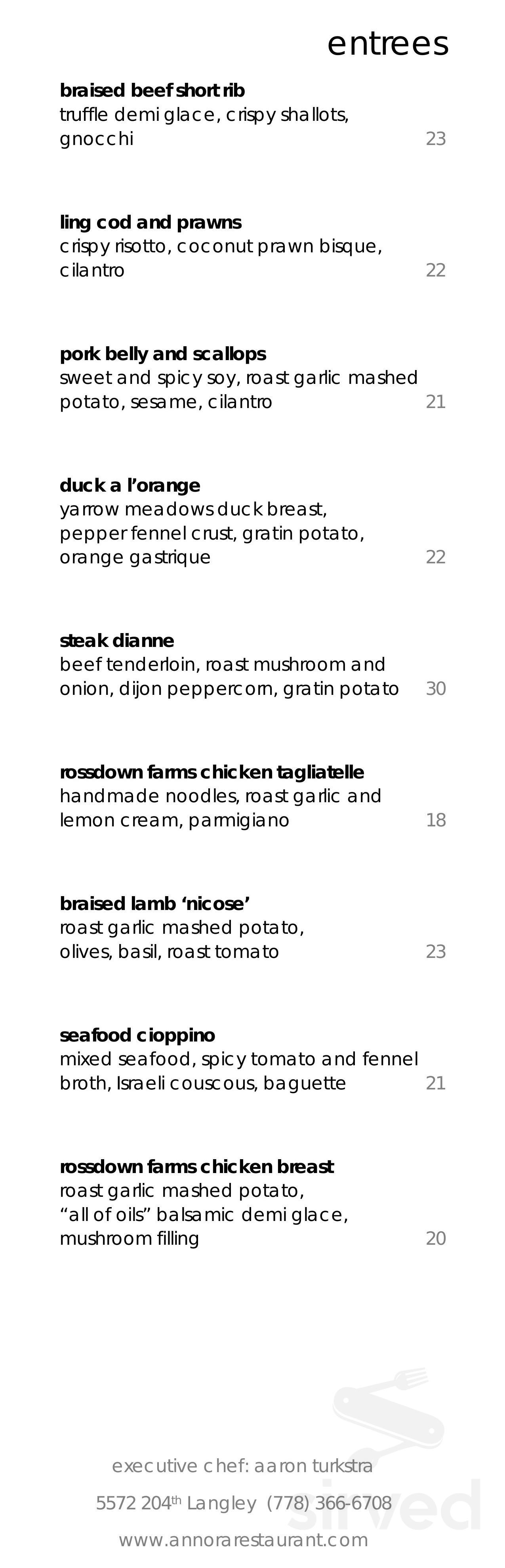 Annora Restaurant menu in Langley, British Columbia, Canada