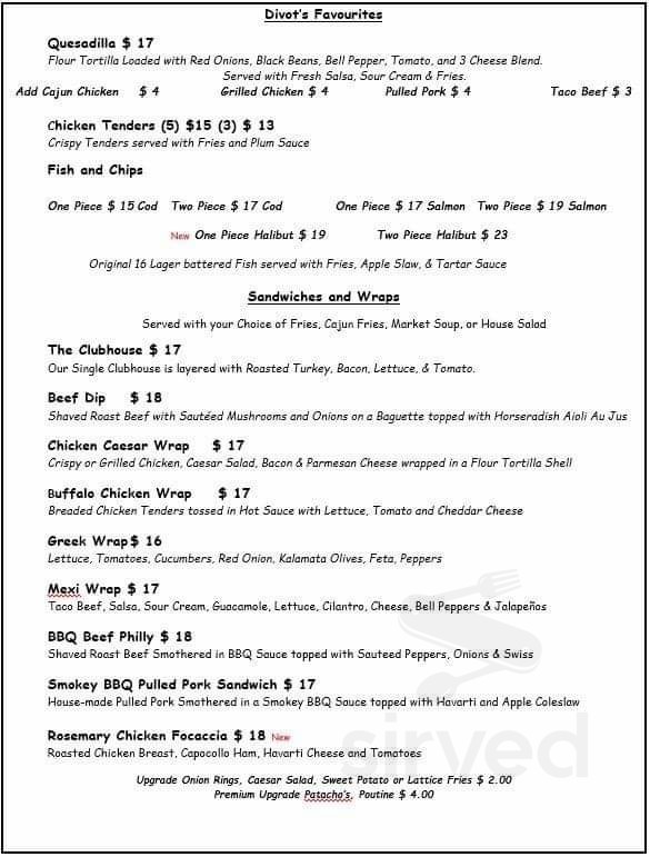 Divots Bar & Grill menus in Princeton, British Columbia, Canada