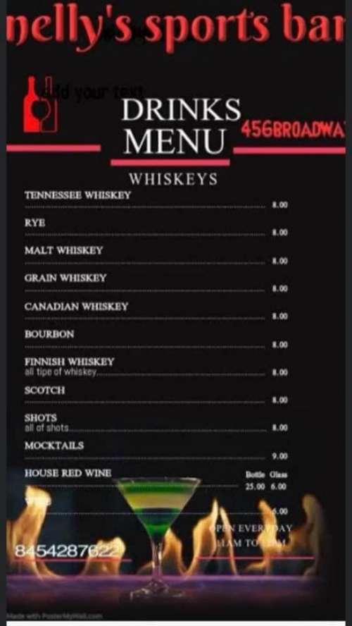 Nelly's Sports Bar menu in Monticello, New York, USA