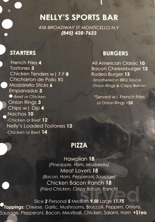 Nelly's Sports Bar menu in Monticello, New York, USA
