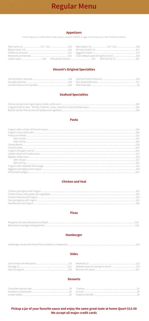 Original Vincent's menu in New York, New York, USA